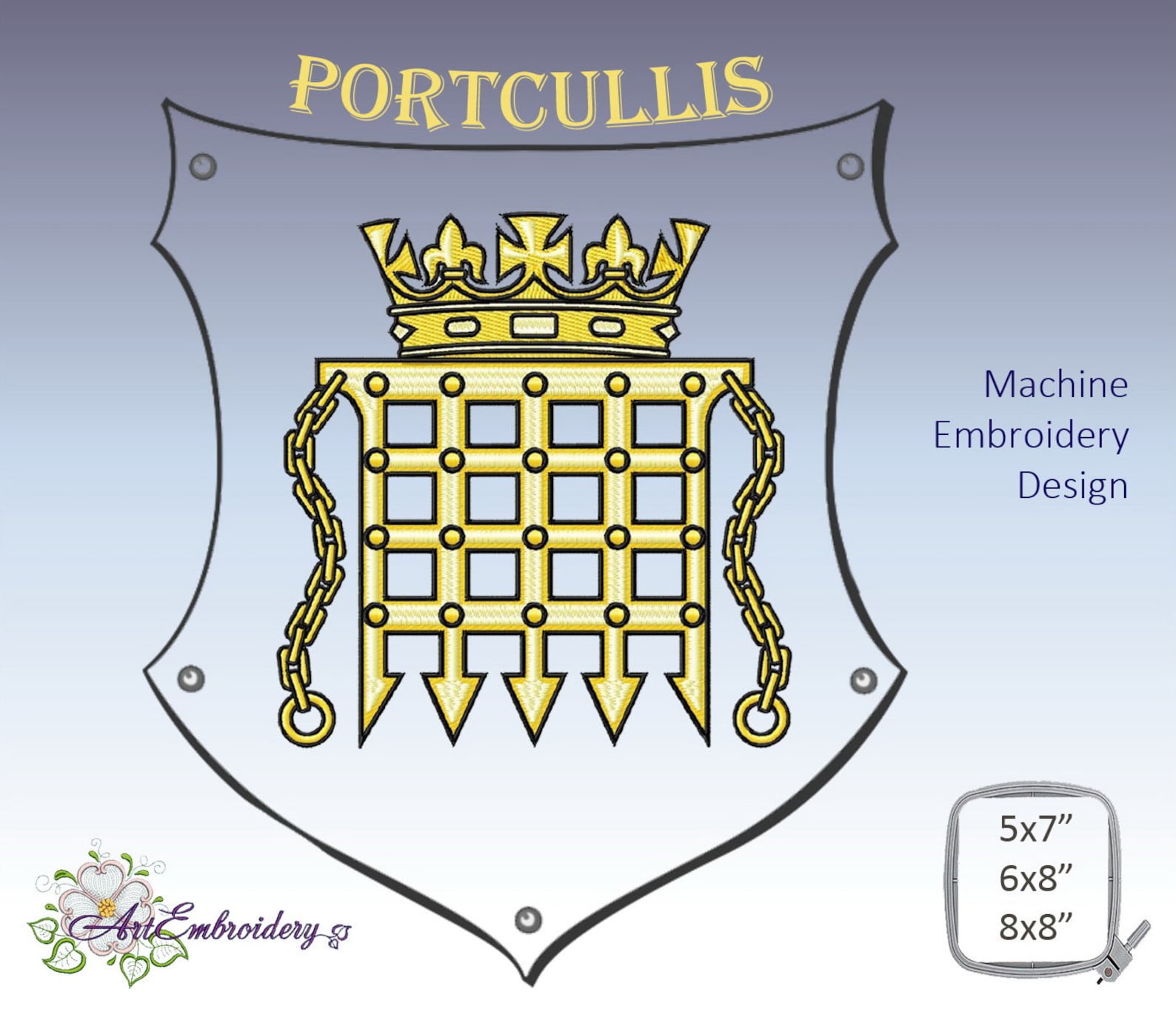 Crowned Portcullis Embroidery Design: Tudor Royal Badge (5x7, 6x8, 6x10 ...