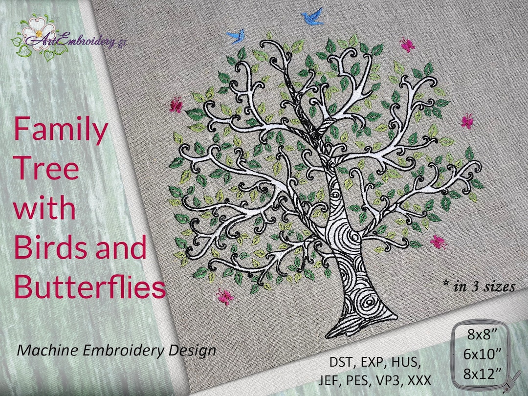 Family Tree Embroidery Design: Birds and Butterflies (8x8, 6x10, 8x12 ...