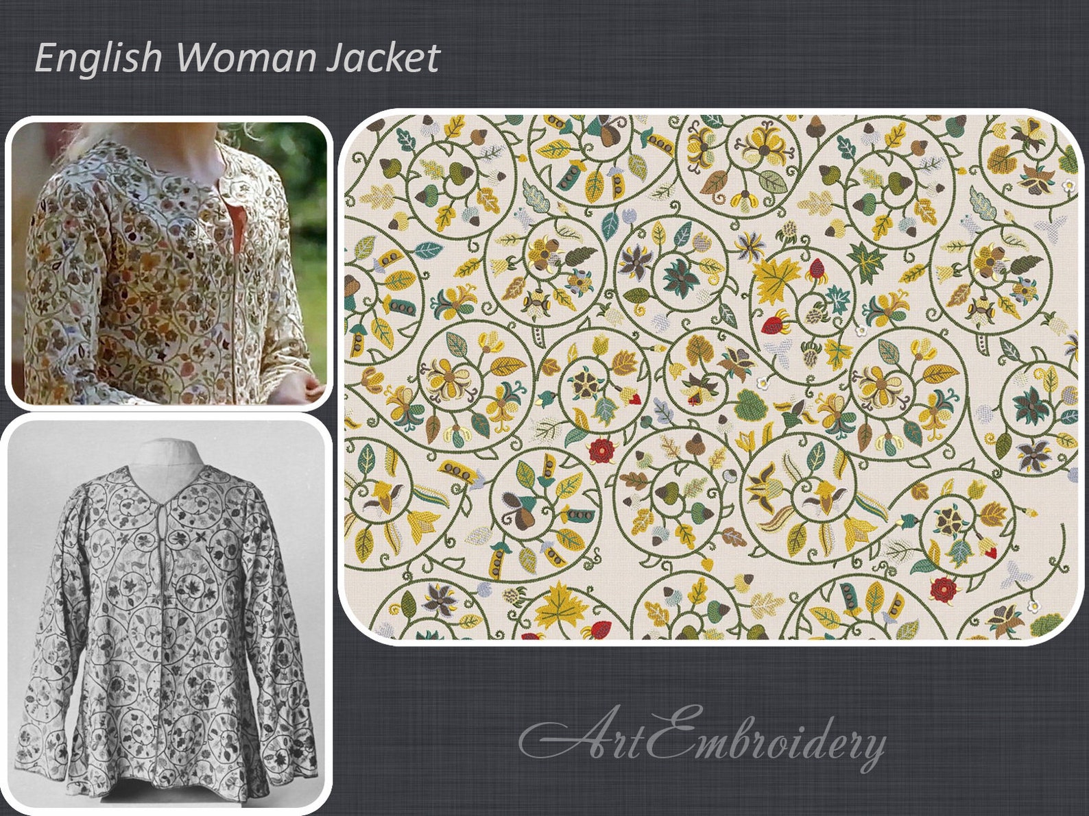 English Woman Jacket - Machine Embroidery Historical 17th Century ...