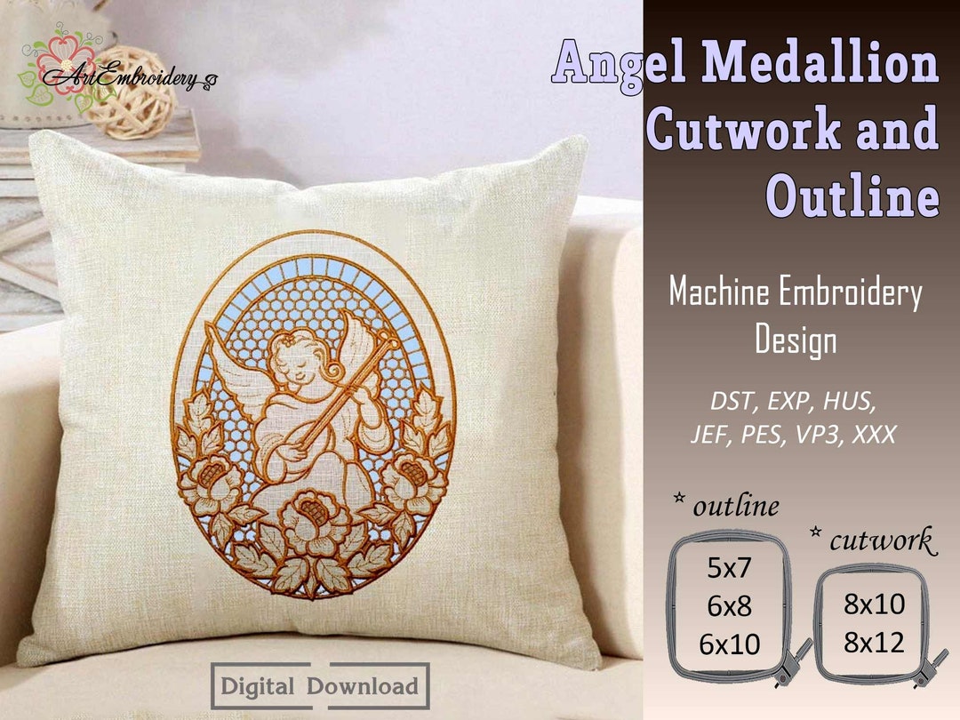 Angel Medallion Machine Embroidery Design: Christian Cutwork & Outline ...