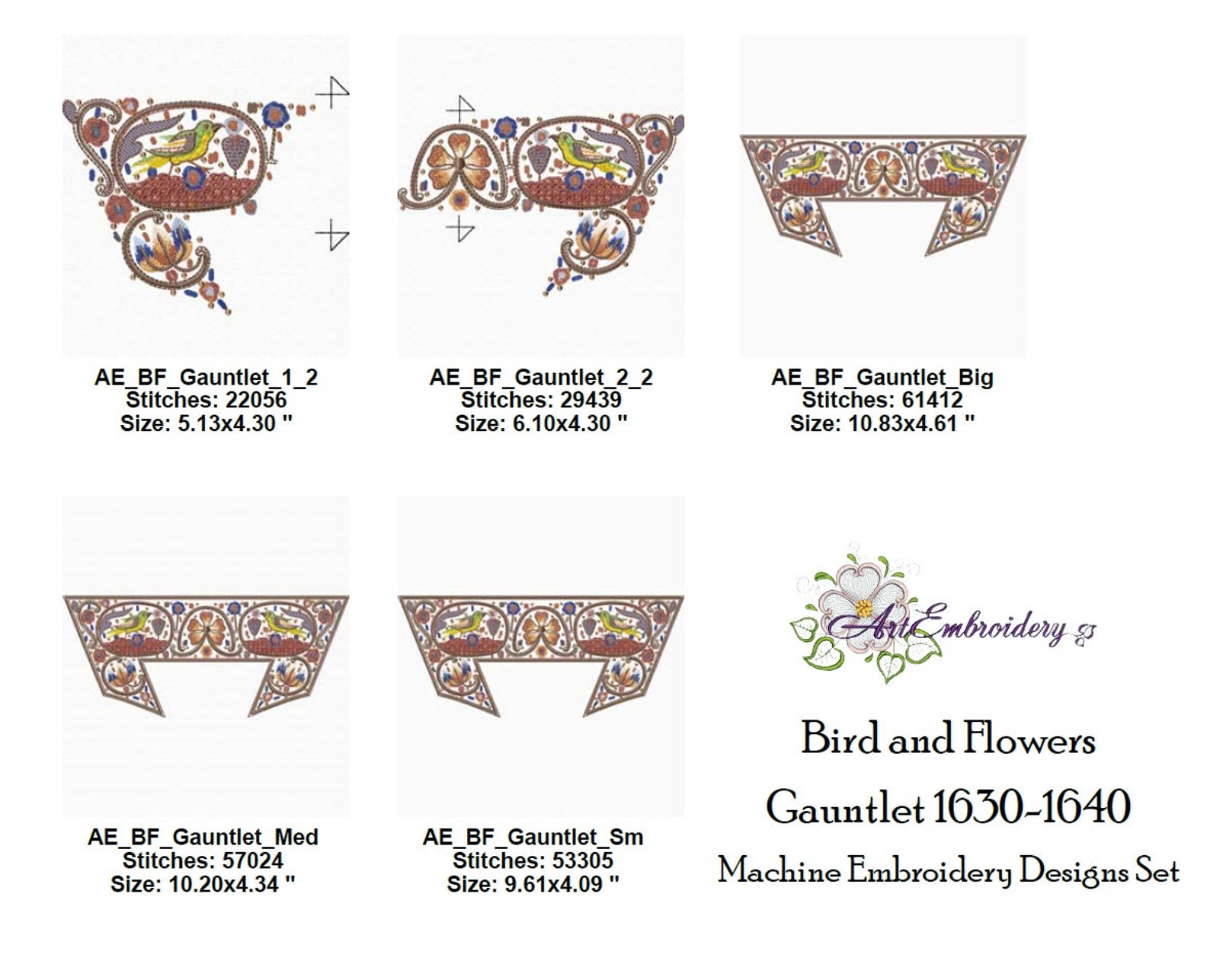 17th Century Gauntlet Machine Embroidery Designs: Birds & Flowers (5x7 ...