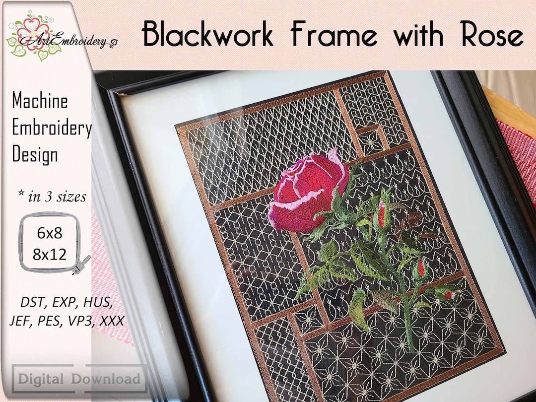 Blackwork Frame With Rose - Machine Embroidery Design in the Silk ...