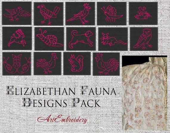 Elizabethan Blackwork Fauna Embroidery Design Set From - Etsy