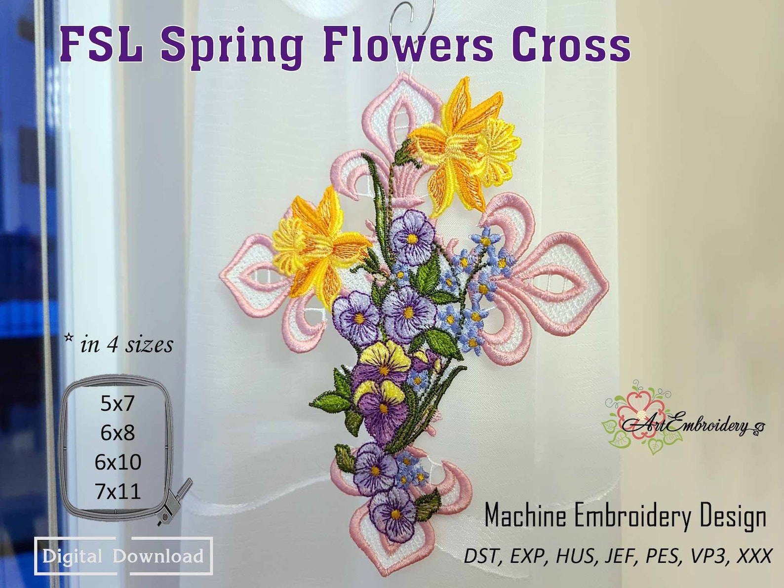 FSL Spring Flowers Cross: Machine Embroidery Design (digital Download ...