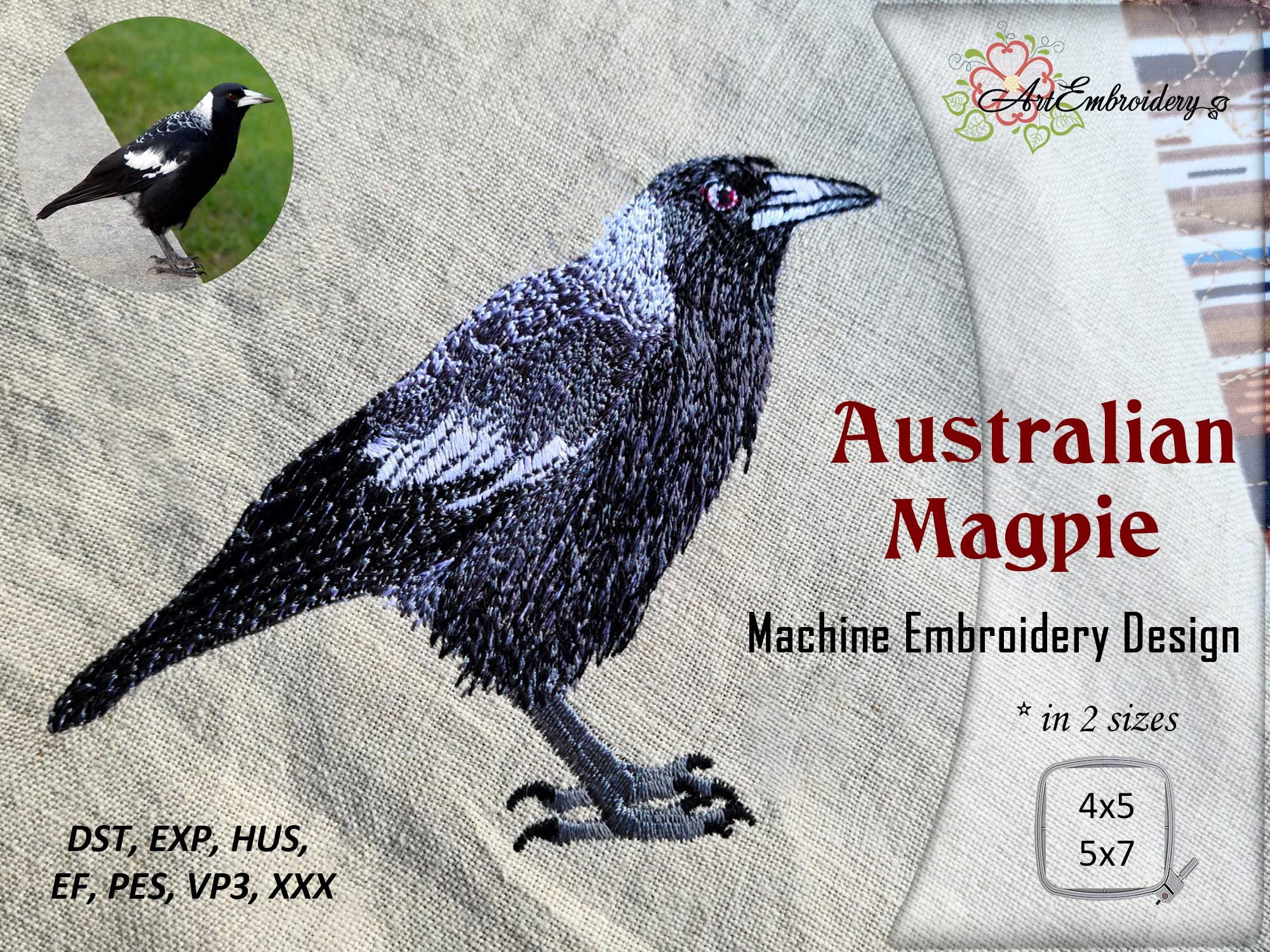 Australian Magpie Machine Embroidery Realistic Bird Design - Etsy Australia