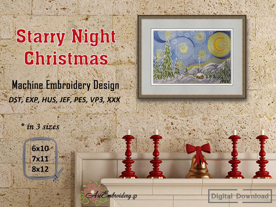 Starry Night Christmas Machine Embroidery Design: Van Gogh Style (6x10 ...