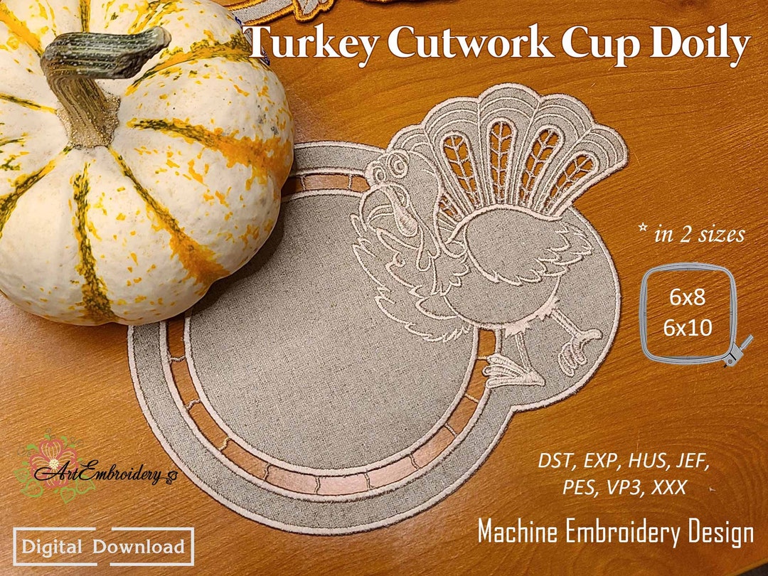 Thanksgiving Turkey Cutwork Lace Doily: Machine Embroidery Design (6x8 ...