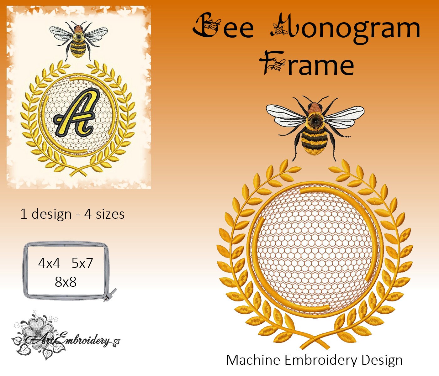 Bee Monogram Frame Machine Embroidery Design in four sizes | Etsy