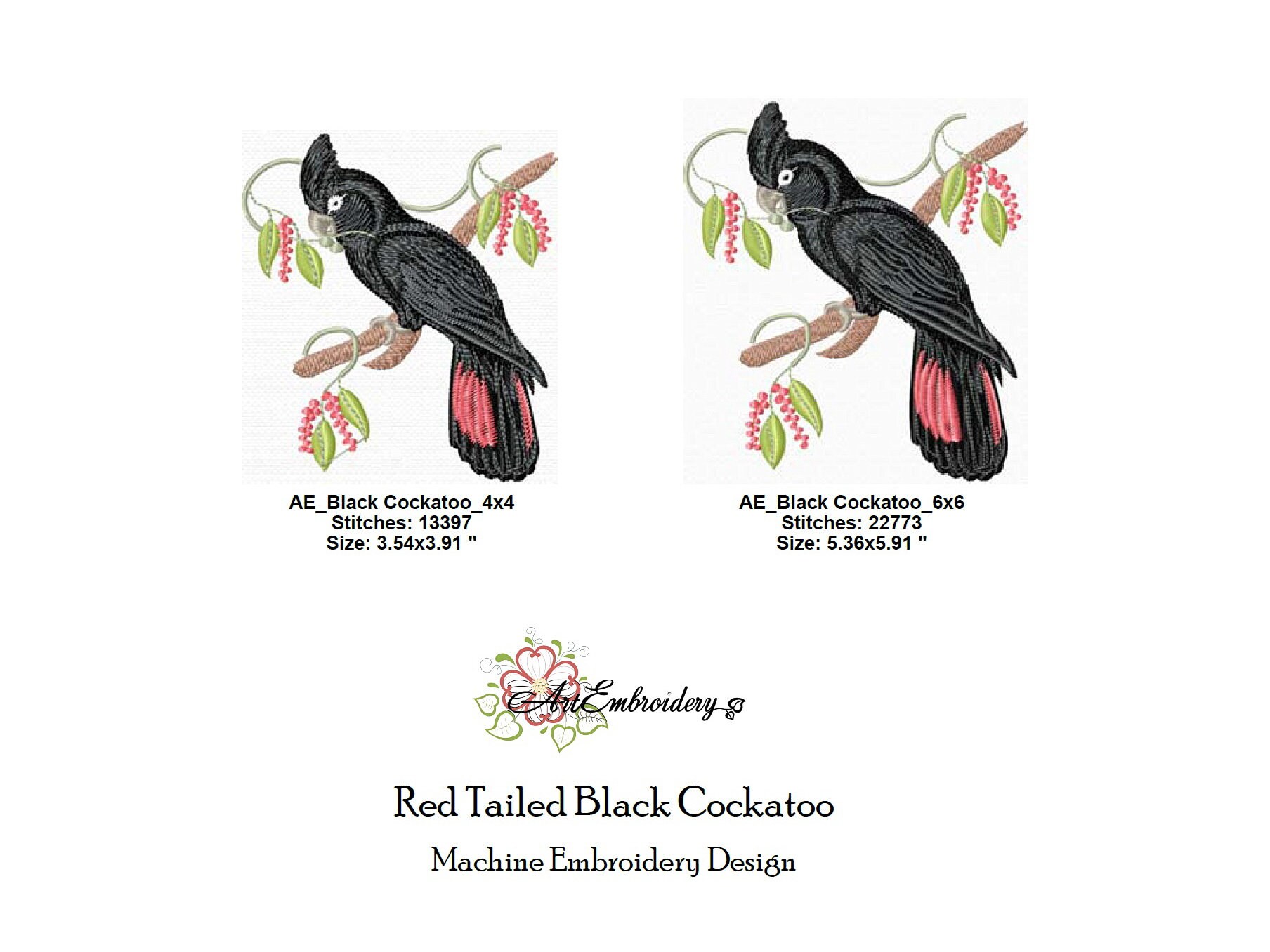 Red-tailed Black Cockatoo Machine Embroidery Design (4x4 and 6x6 ...
