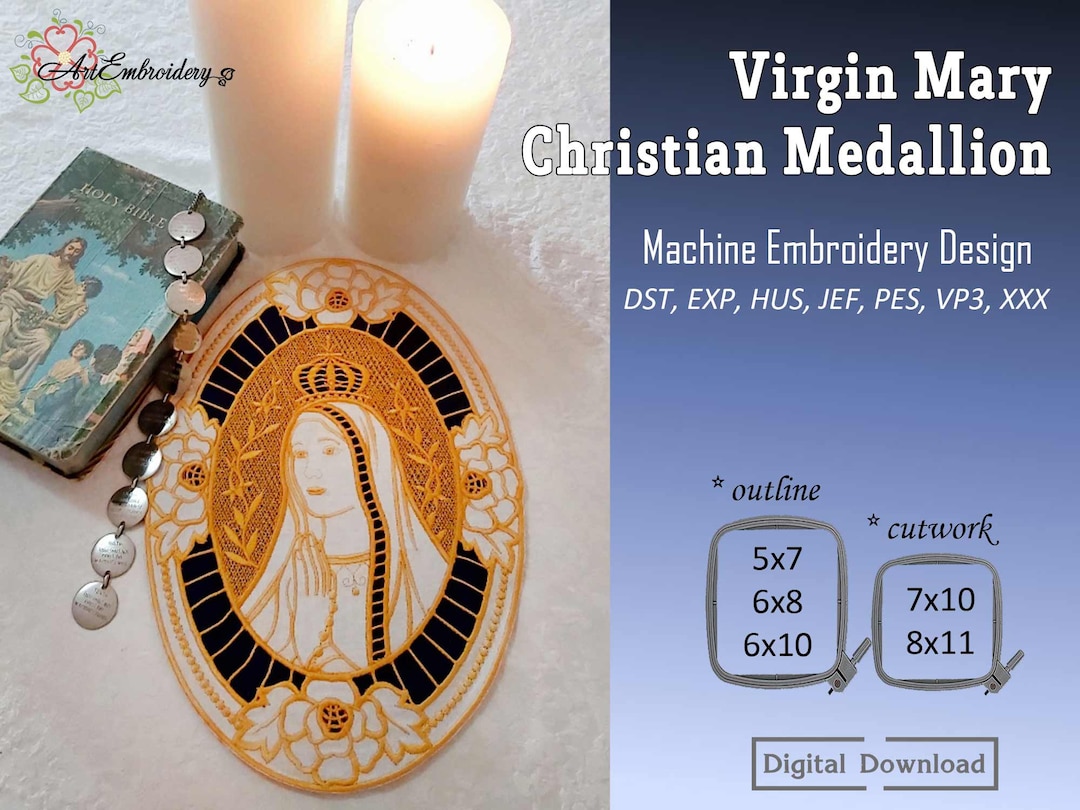 Virgin Mary Christian Medallion Machine Embroidery Cutwork Design in 2 ...