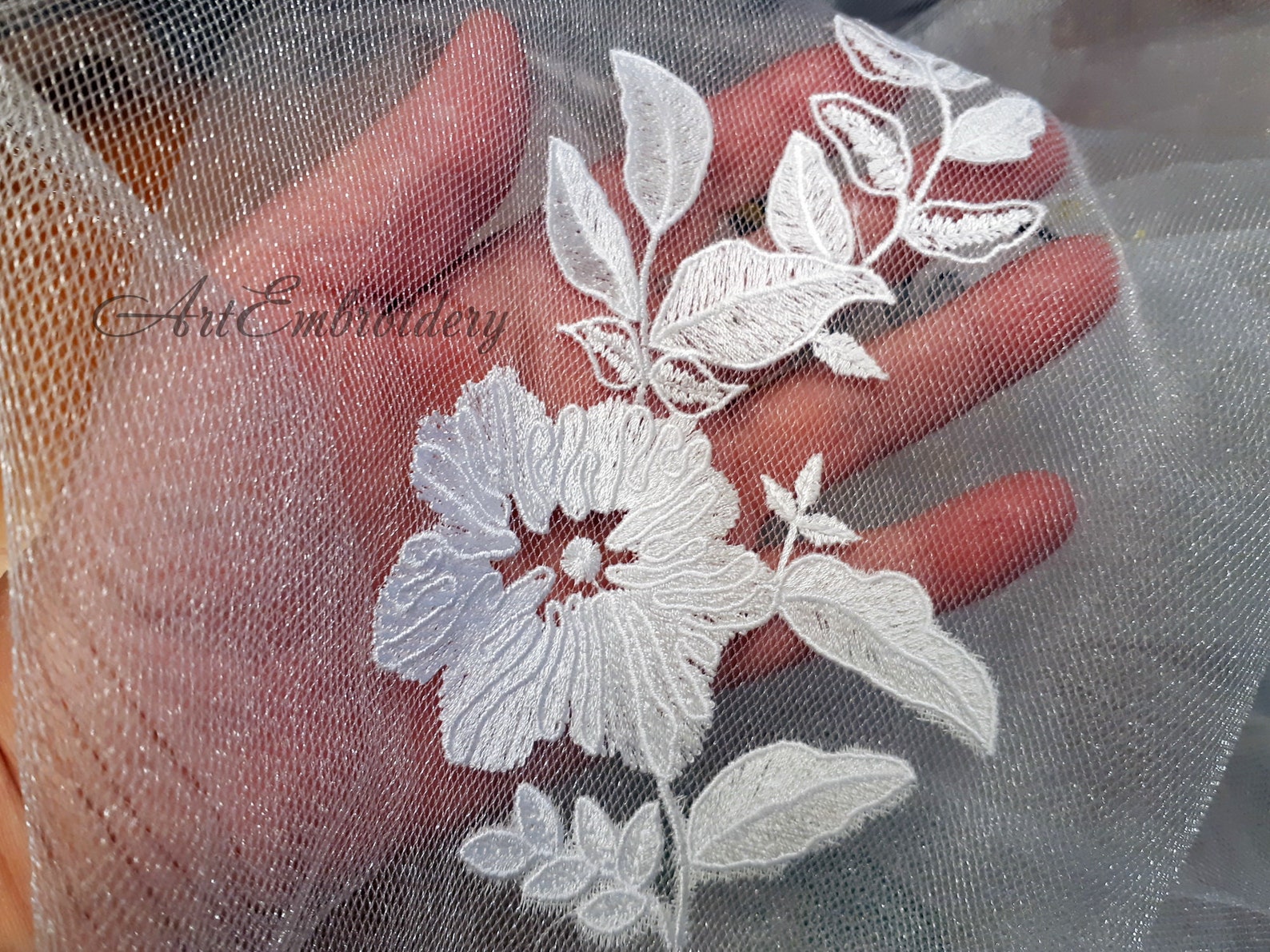 Corded Flowers Tulle Motif - Machine Embroidery Lace Design Assembled ...