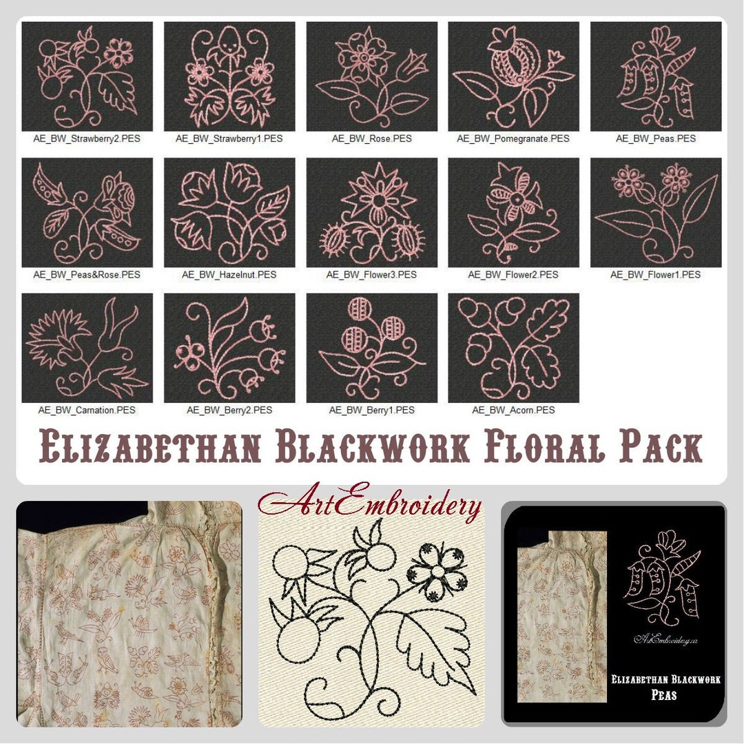 Elizabethan Blackwork Floral Designs Pack - Historical 16 Century ...