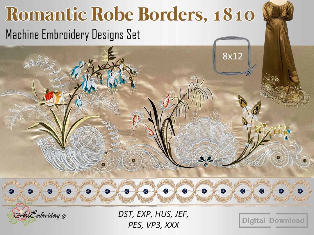 Robe Border Embroidery Designs: 19th Century Flowers, Shells (8x12 ...