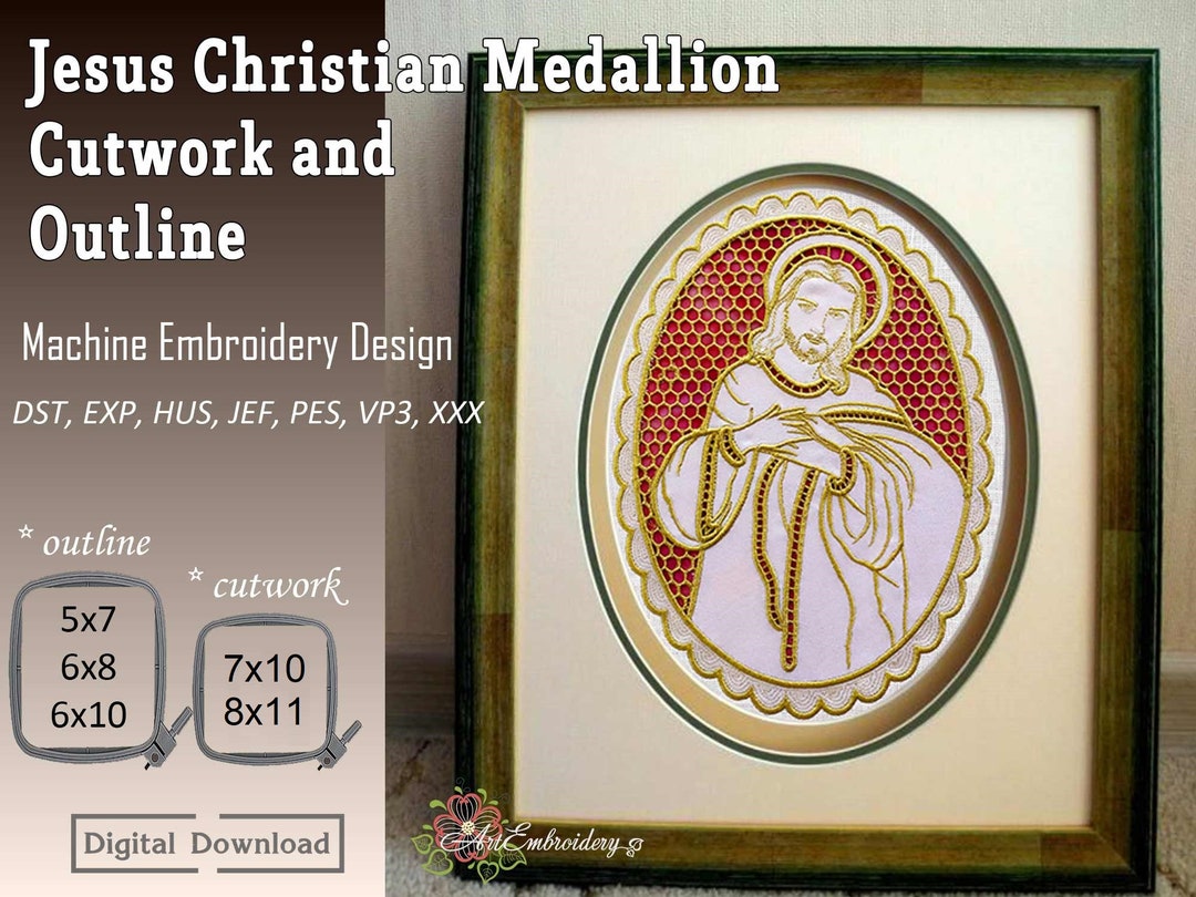 Jesus Medallion Machine Embroidery Design: Christian Cutwork Outline ...