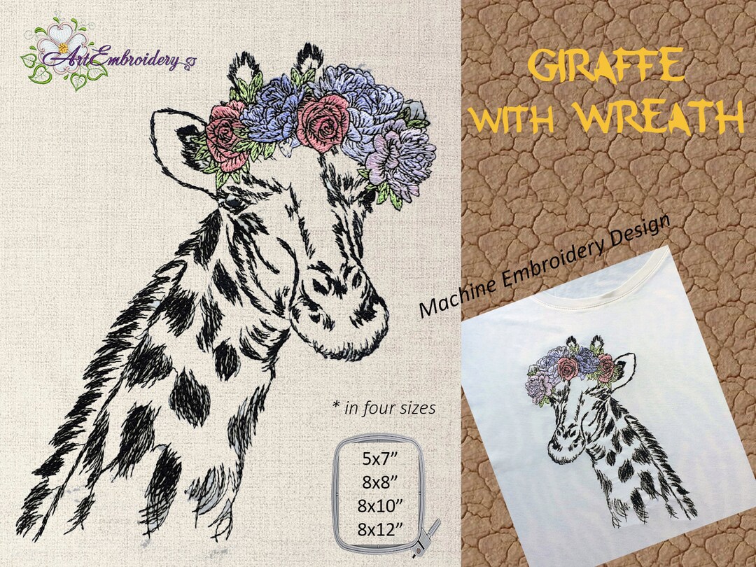 Giraffe With Wreath Machine Embroidery Design in Four Sizes - Etsy