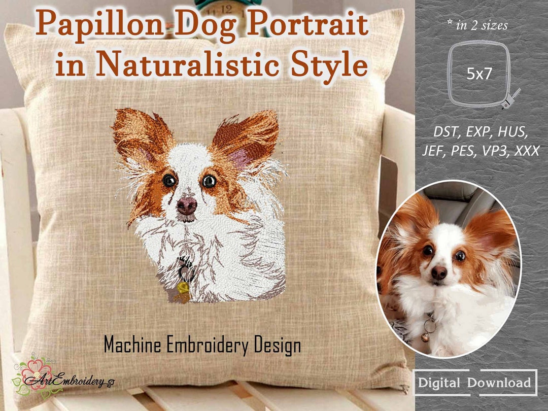 Papillon Dog Portrait - Naturalistic Style - Machine Embroidery Pets ...
