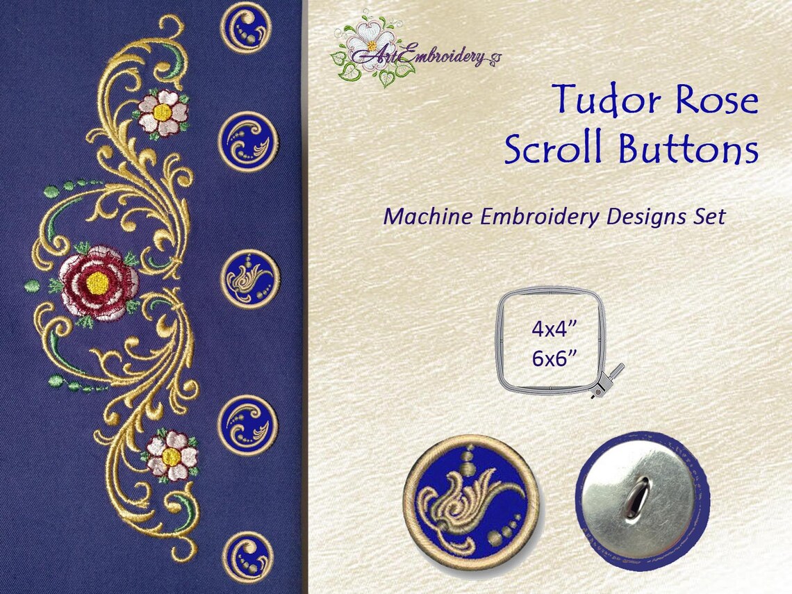 Tudor Rose Scroll Button Machine Embroidery Designs (4x4" 6x6") - Etsy
