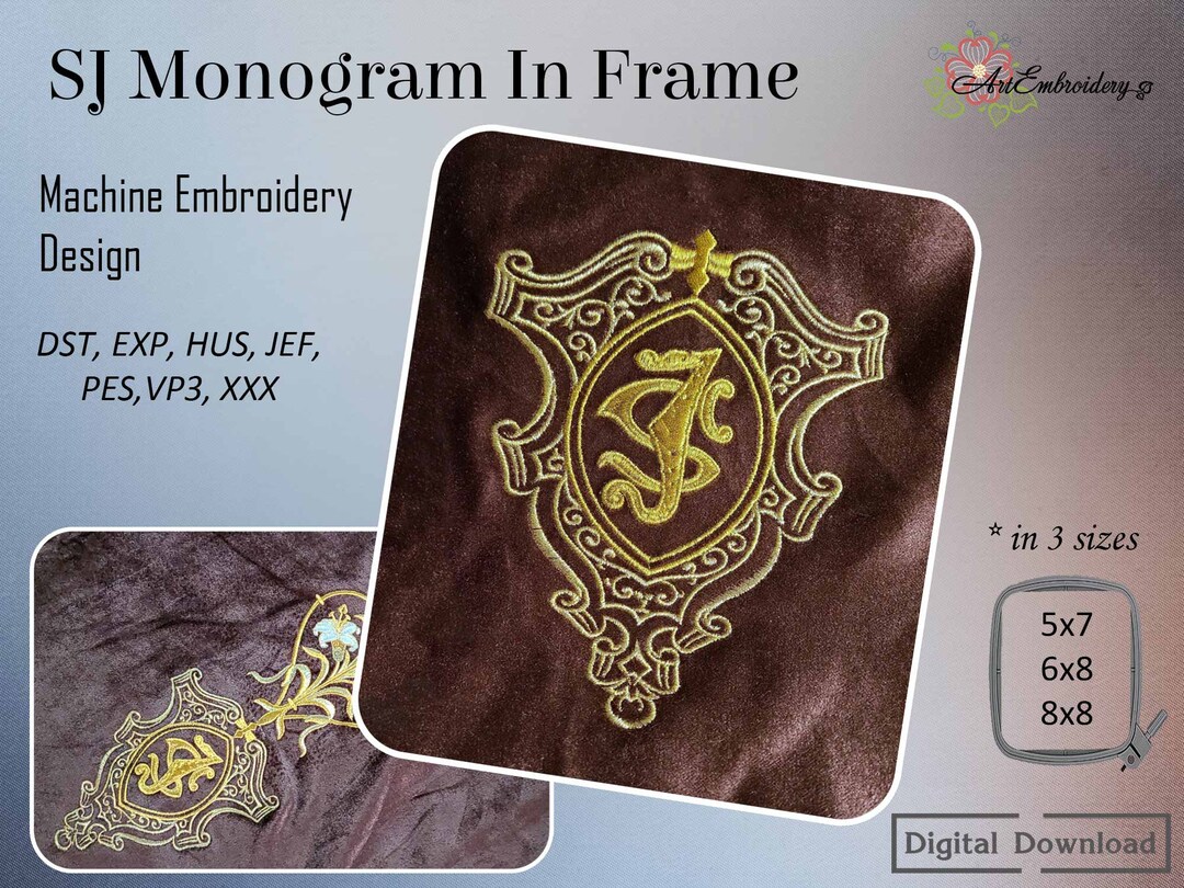 SJ Monogram in Frame - Machine Embroidery Design in 3 Sizes for Hoop ...