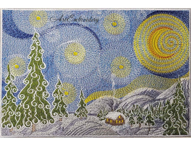 Starry Night Christmas Machine Embroidery Design: Van Gogh Style (6x10 ...