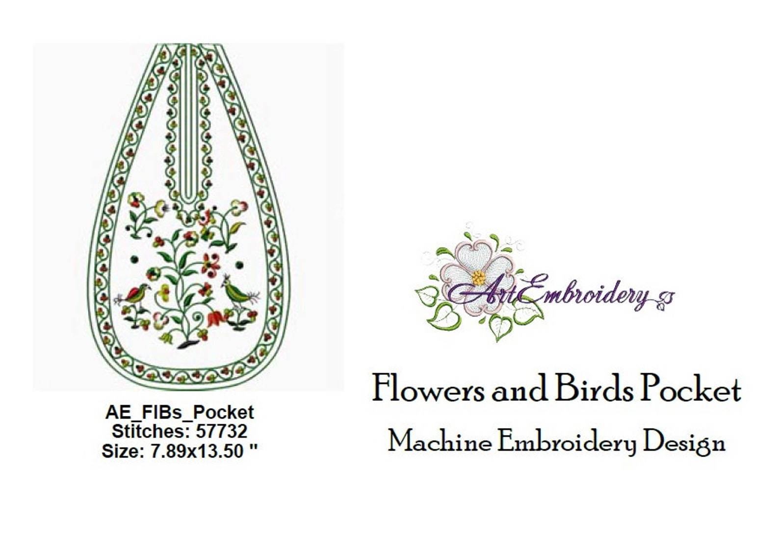 Flowers and Birds Pocket - Machine Embroidery Design for 18th Century ...