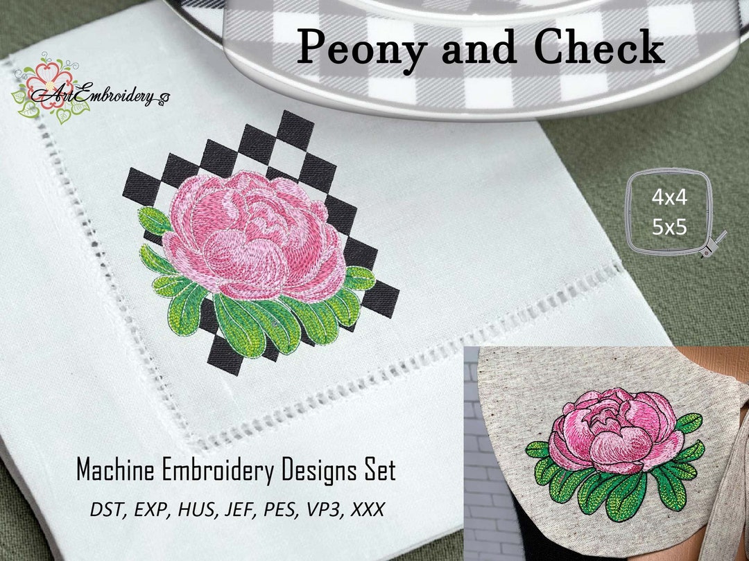Peony and Check - Machine Embroidery Design in Few Variations for Hoop ...