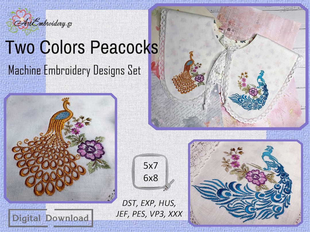 Two Colors Peacocks - Machine Embroidery Designs Set for Hoop 5x7" and ...