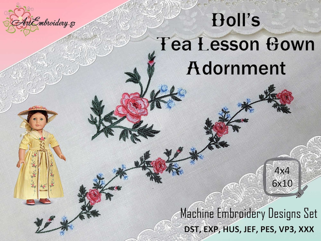 Colonial Doll Gown Embroidery Designs: Floral Adornment (4x4, 6x10 Hoop ...