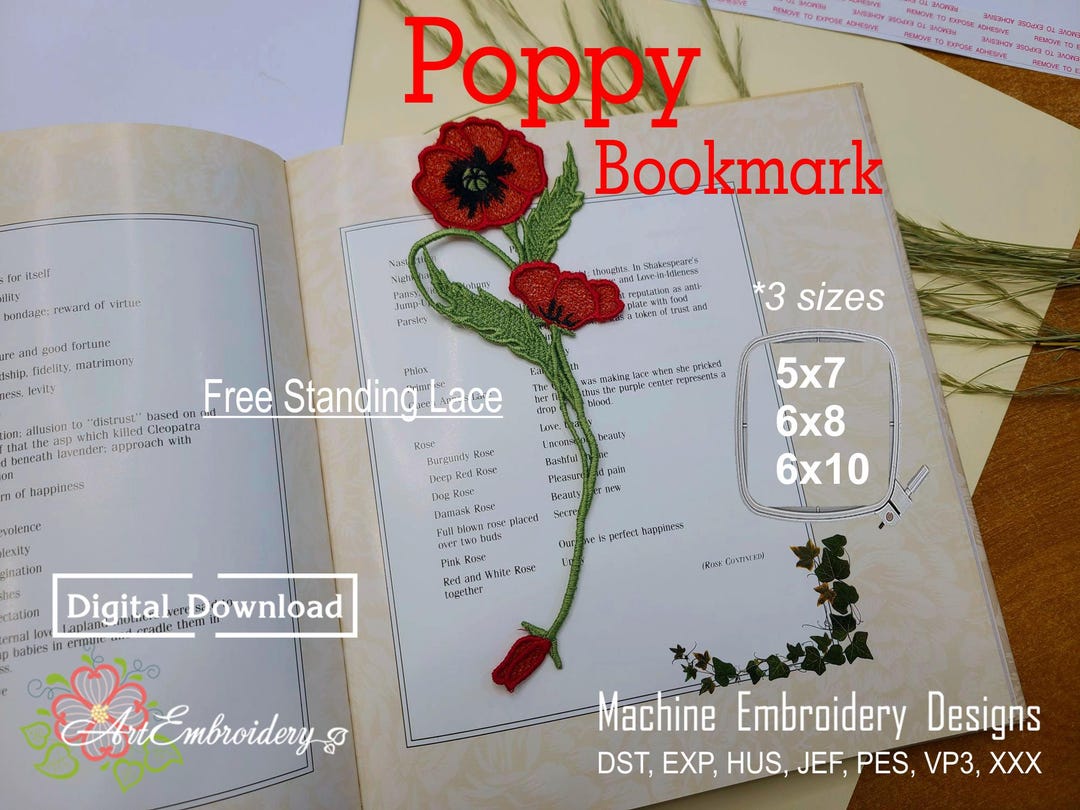FSL Poppy Bookmark: Machine Embroidery Lace Design (5x7, 6x8, 6x10 ...
