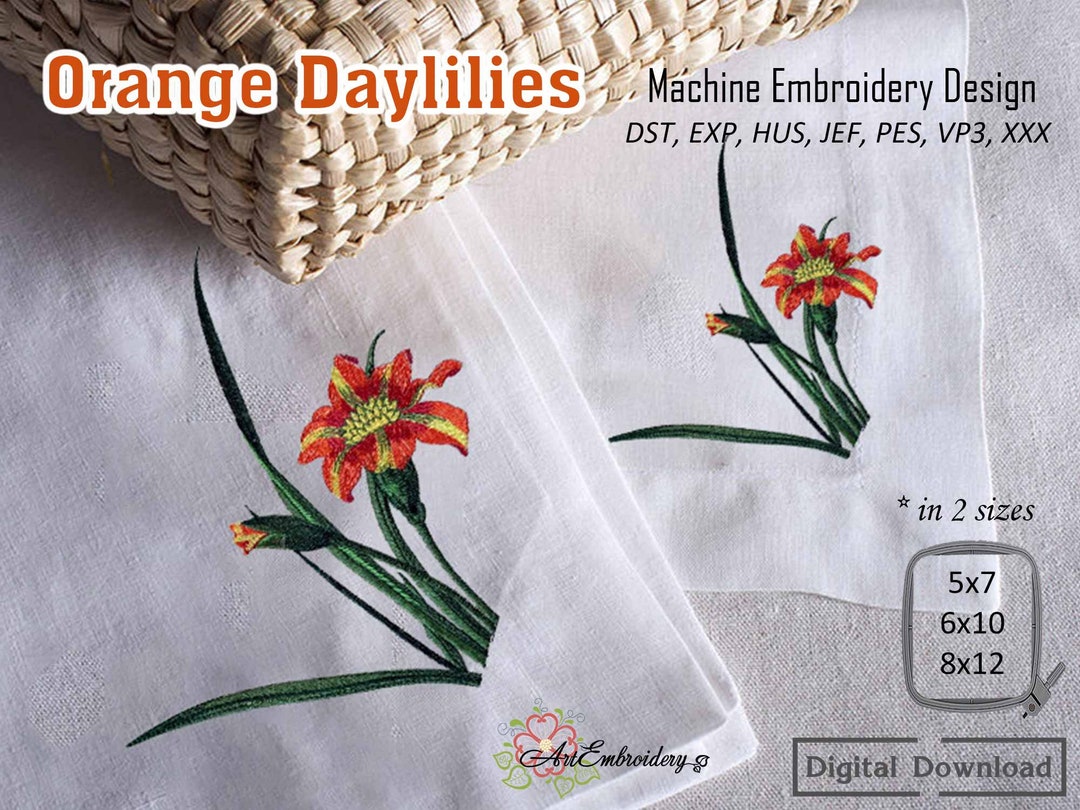 Orange Daylilies Machine Embroidery Design: Naturalistic Flower ...