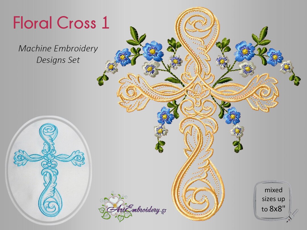 Floral Cross 1 - Machine Embroidery Designs Set for Hoops Mixed Sizes ...