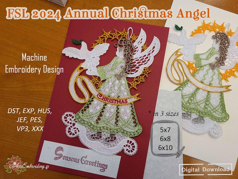 FSL Christmas Angel Machine Embroidery Design: 2024 Lace Ornament (5x7 ...