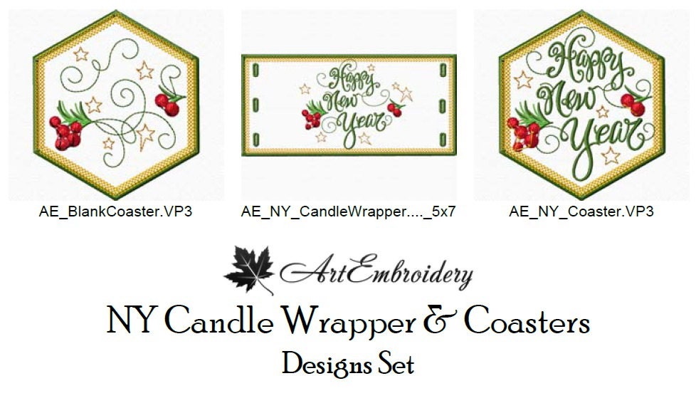 New Year Candle Wrapper & Coaster Embroidery Designs: 5x7 ITH Applique ...