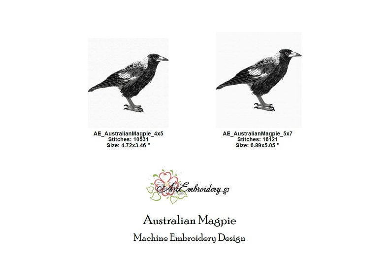 Australian Magpie Machine Embroidery Design: Realistic Bird (4x5" & 5x7 ...