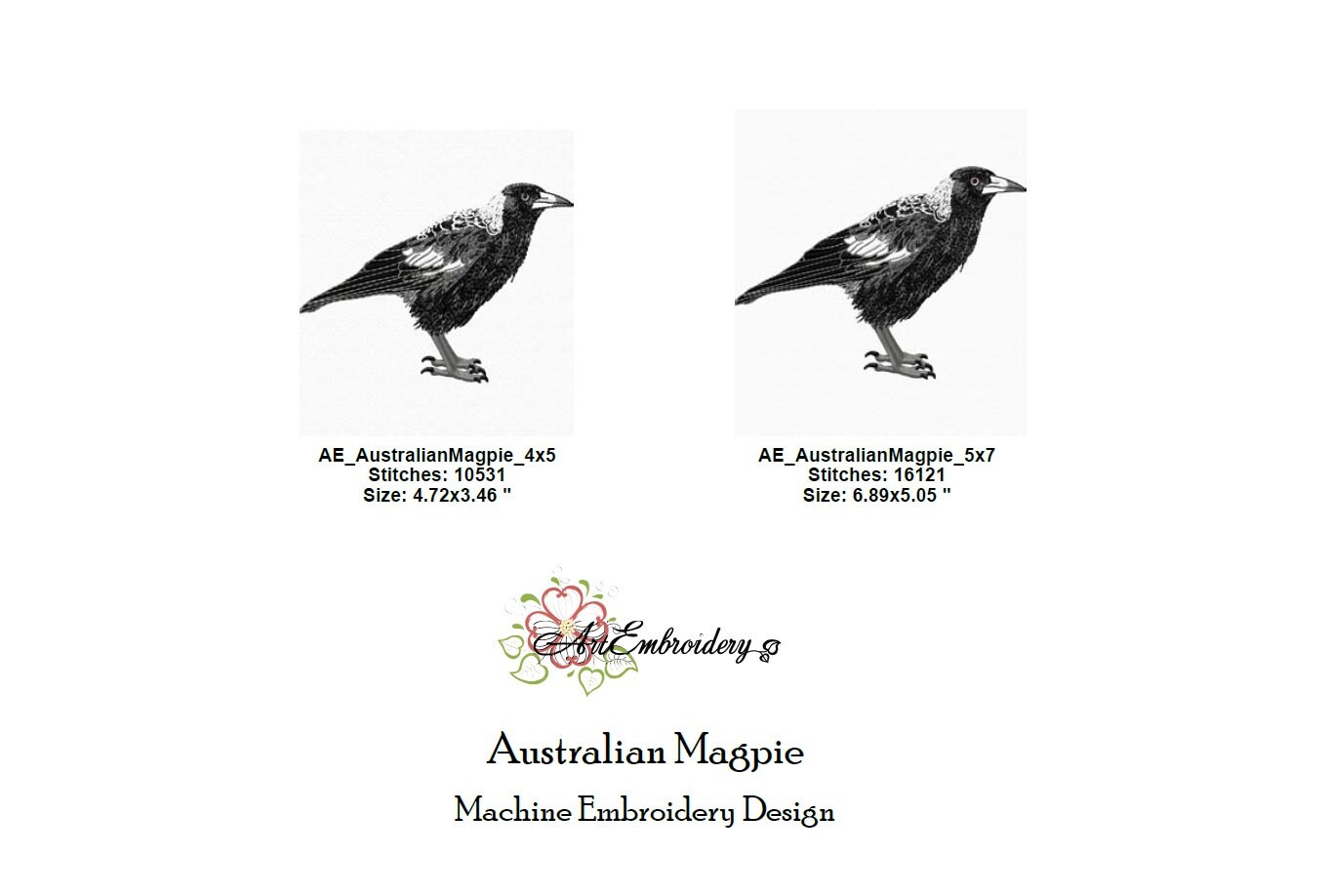 Australian Magpie Machine Embroidery Design: Realistic Bird (4x5" & 5x7 ...