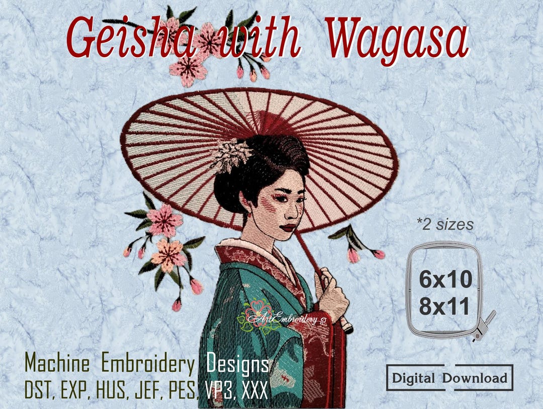 Geisha Embroidery Design: Japanese Woman With Wagasa (6x10, 8x11 ...