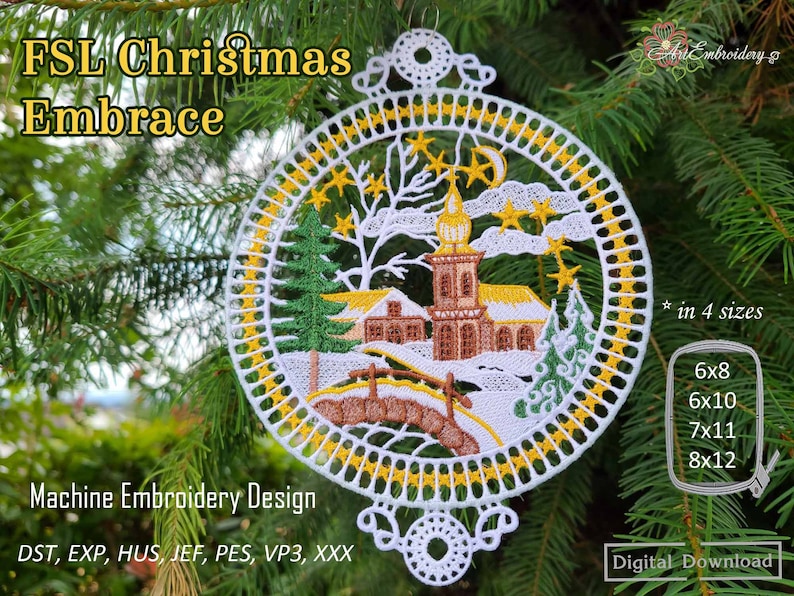 FSL Christmas Ornament Machine Embroidery Design: Church Winter Scene ...