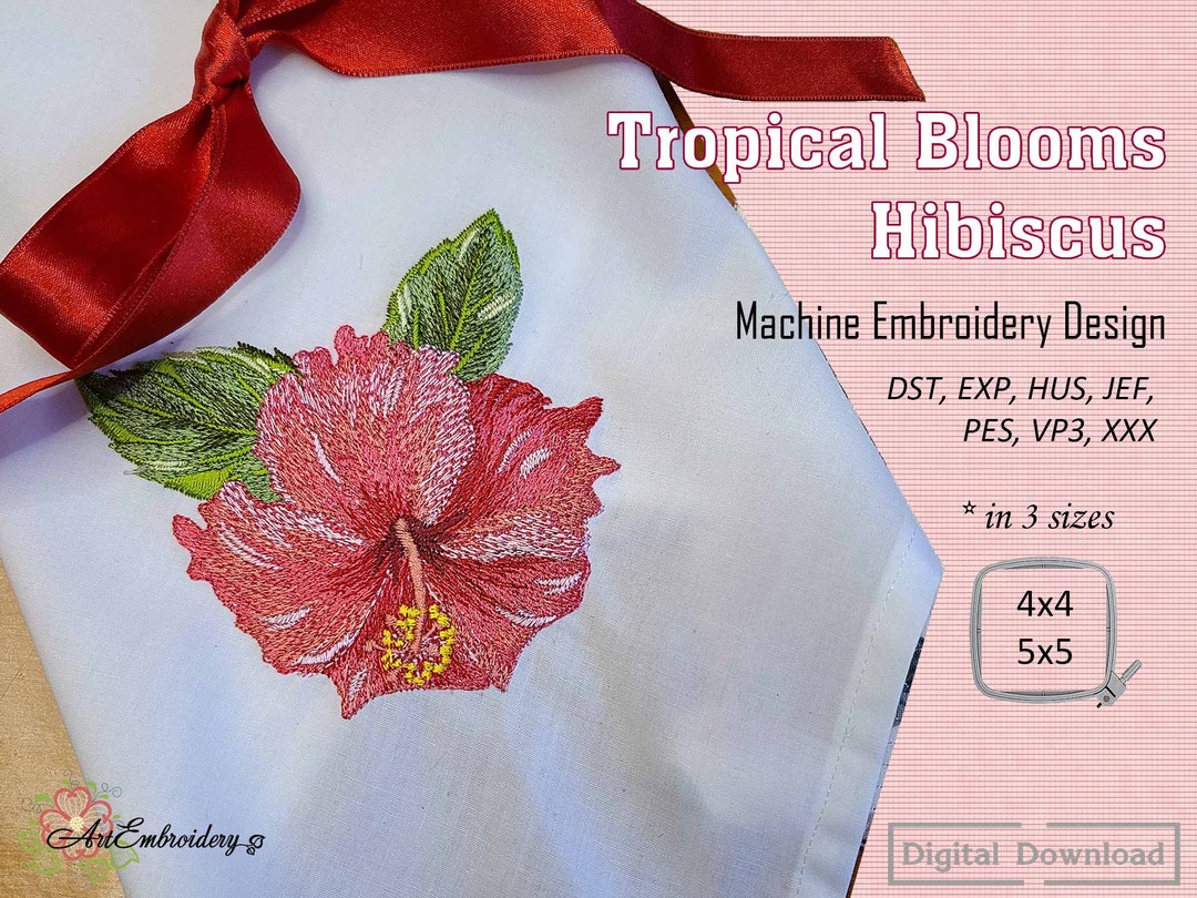 Tropical Hibiscus Machine Embroidery Design: Naturalistic Floral (4x4 ...