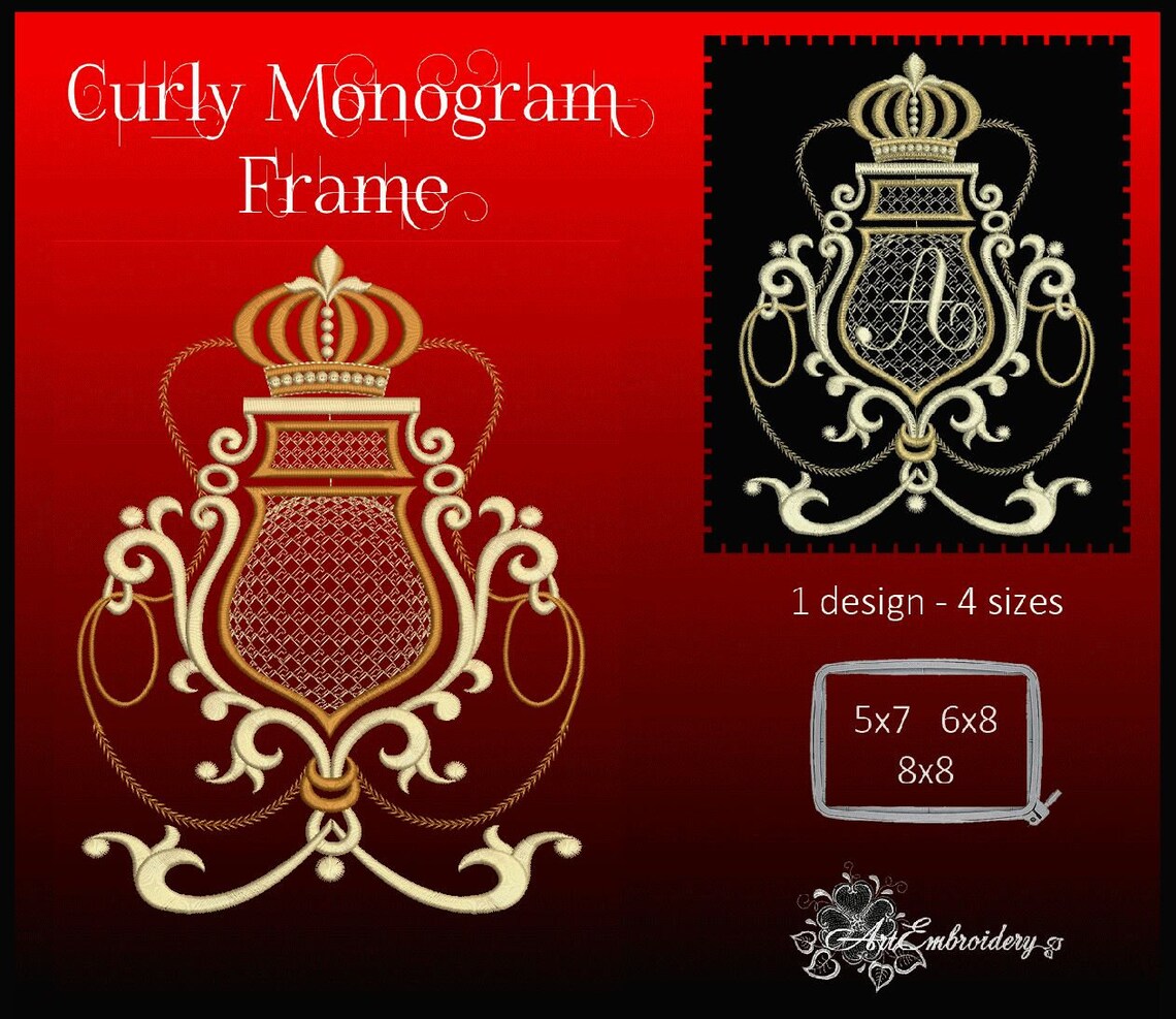 Curly Monogram Frame Machine Embroidery Design in four sizes | Etsy
