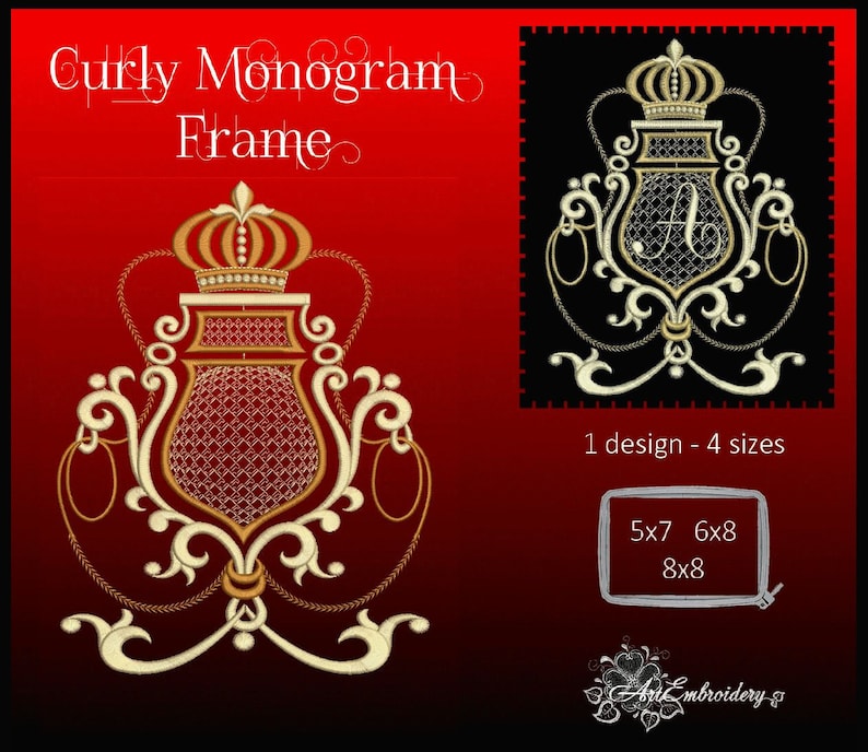 Curly Monogram Frame Machine Embroidery Design in four sizes | Etsy