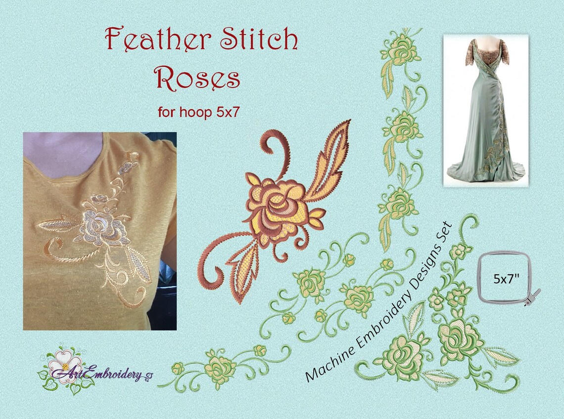 Feather Stitch Roses Machine Embroidery Designs Set for Hoop - Etsy