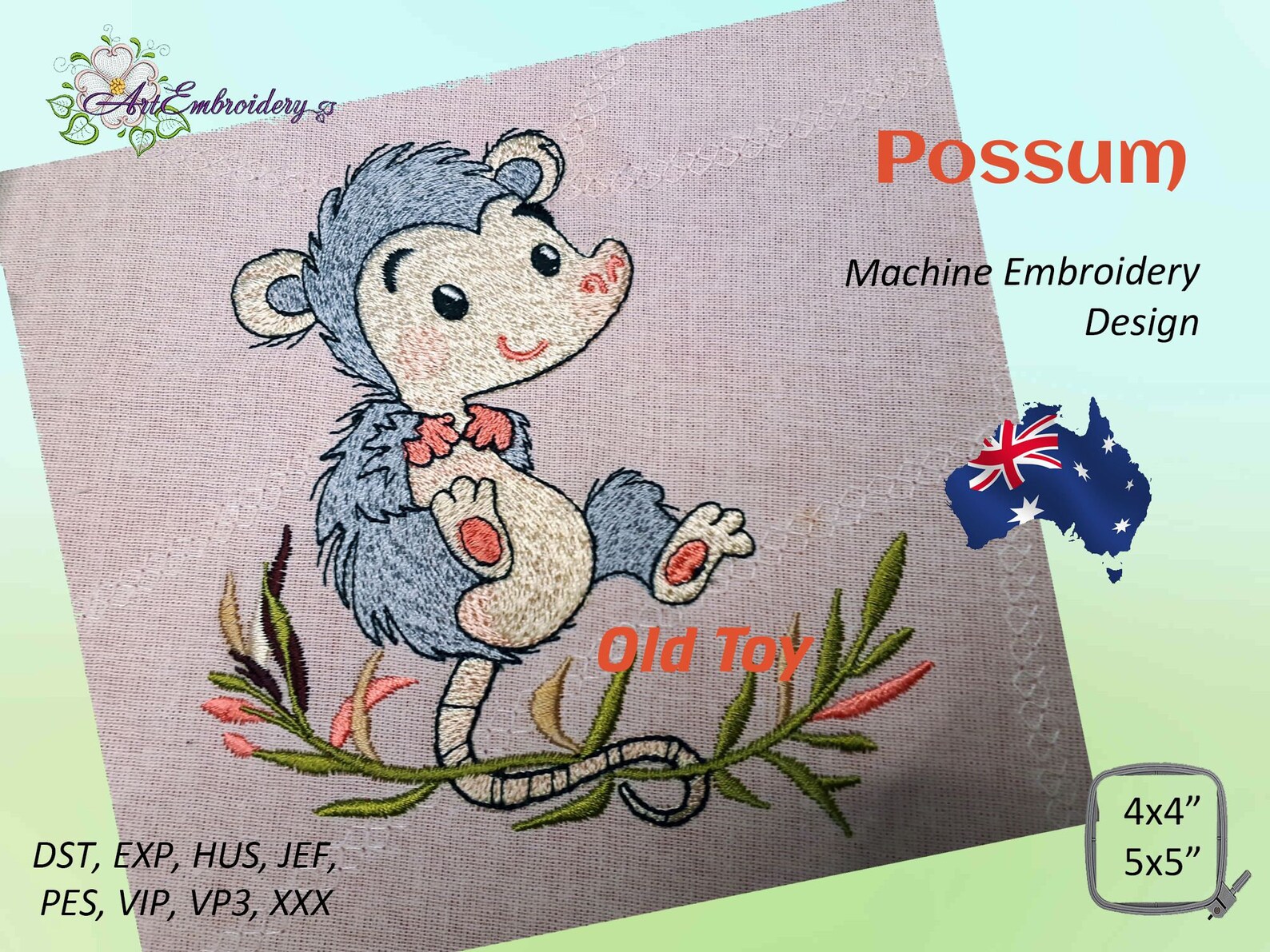 Possum - Old Toy Machine Embroidery Design in Two Sizes for Hoop 4x4 ...