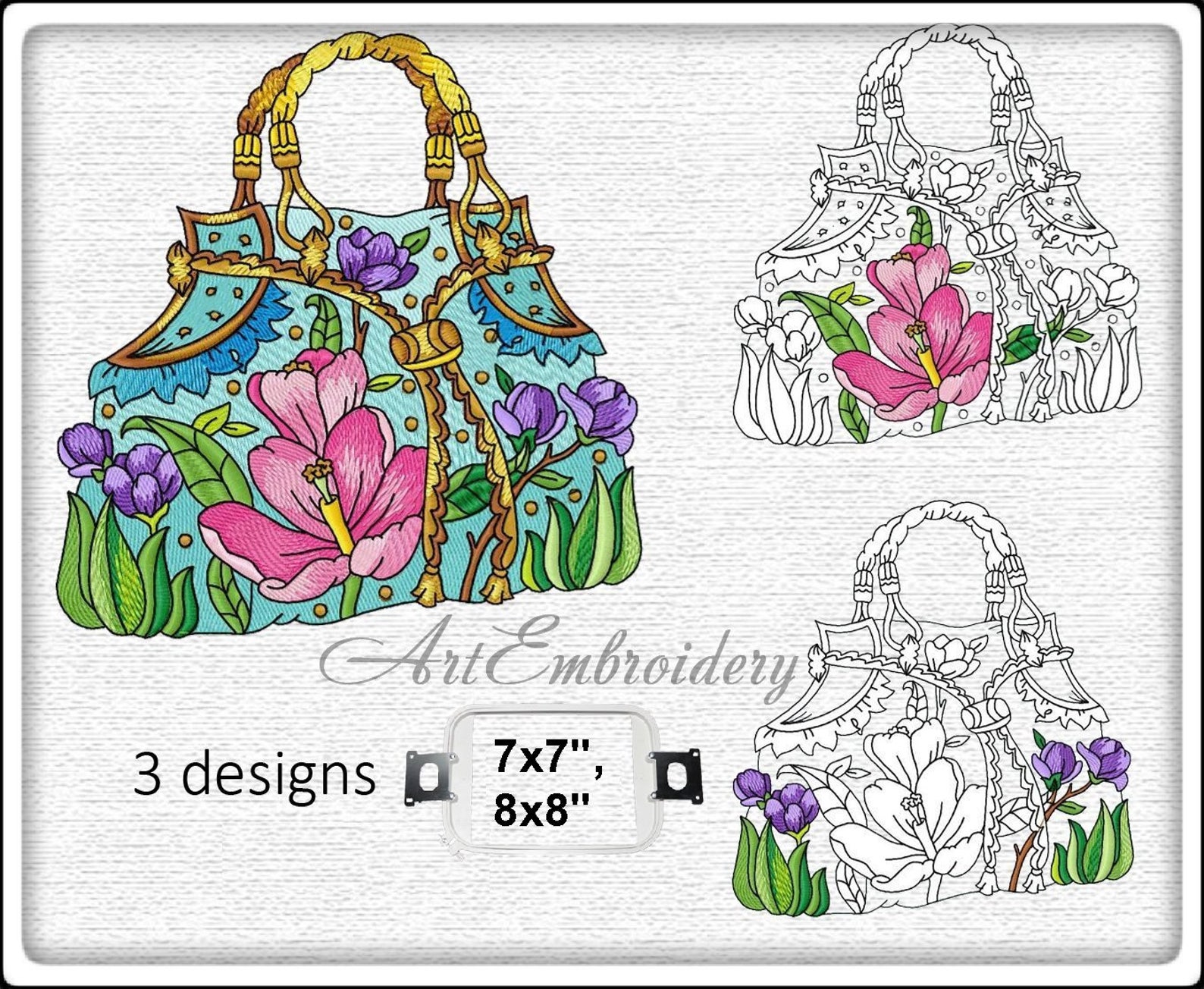 Floral Purse - Machine Embroidery Designs Set for Hoop 7x7", 8x8 ...