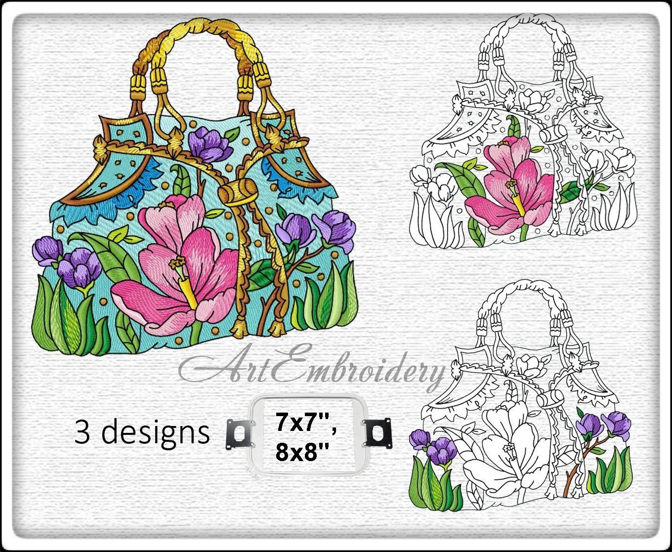 Floral Purse - Machine Embroidery Designs Set for Hoop 7x7", 8x8 ...