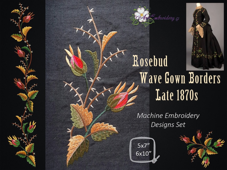 Rosebud Wave Embroidery Designs: 1870s Gown Borders (5x7", 6x10") - Etsy