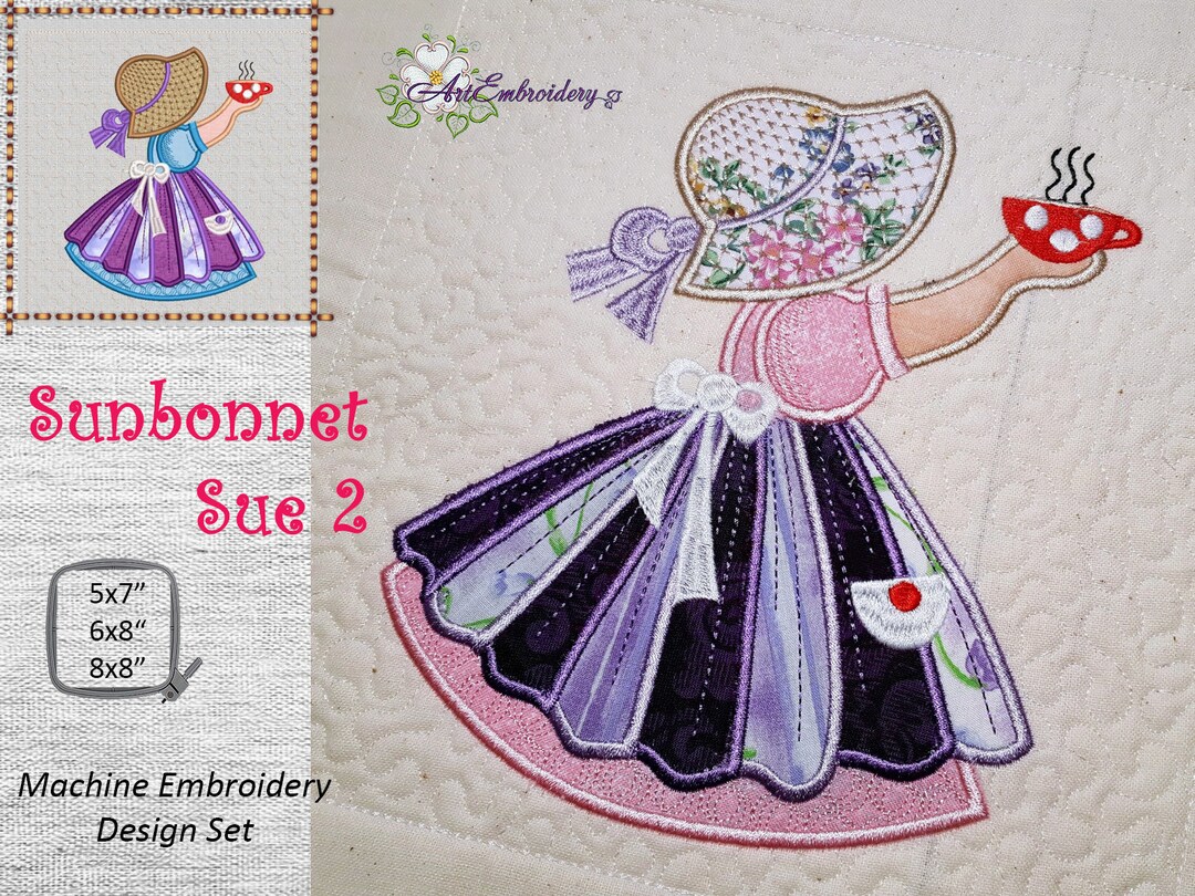 Sunbonnet Sue Machine Embroidery Applique: ITH Tea Cup Design (5x7, 6x8 ...
