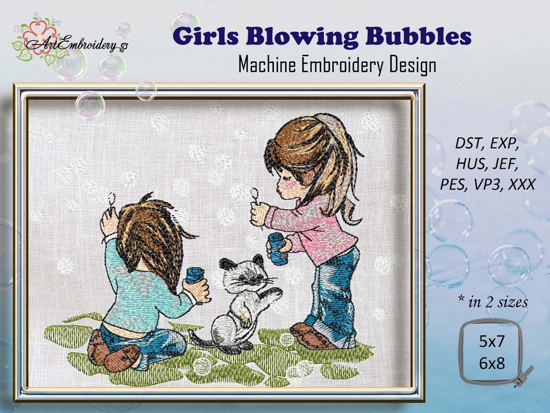 Girls Blowing Bubbles Machine Embroidery Design: Vintage Childhood (5x7 ...