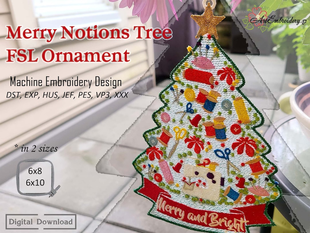 Merry Notions Tree FSL Ornament: ITH Machine Embroidery Design (6x8 ...
