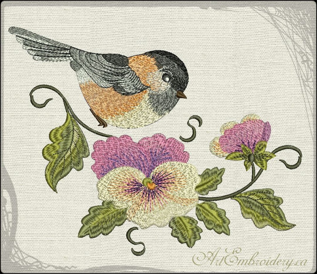Chickadee and Pansies Machine Embroidery Design (4x4 to 6x8" Hoop) - Etsy