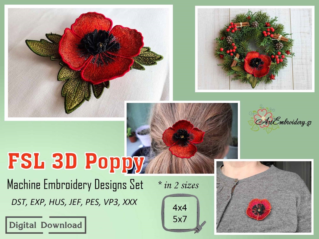 FSL 3D Poppy: Machine Embroidery Design (4x4, 5x7, 6x8 Hoops) (digital ...