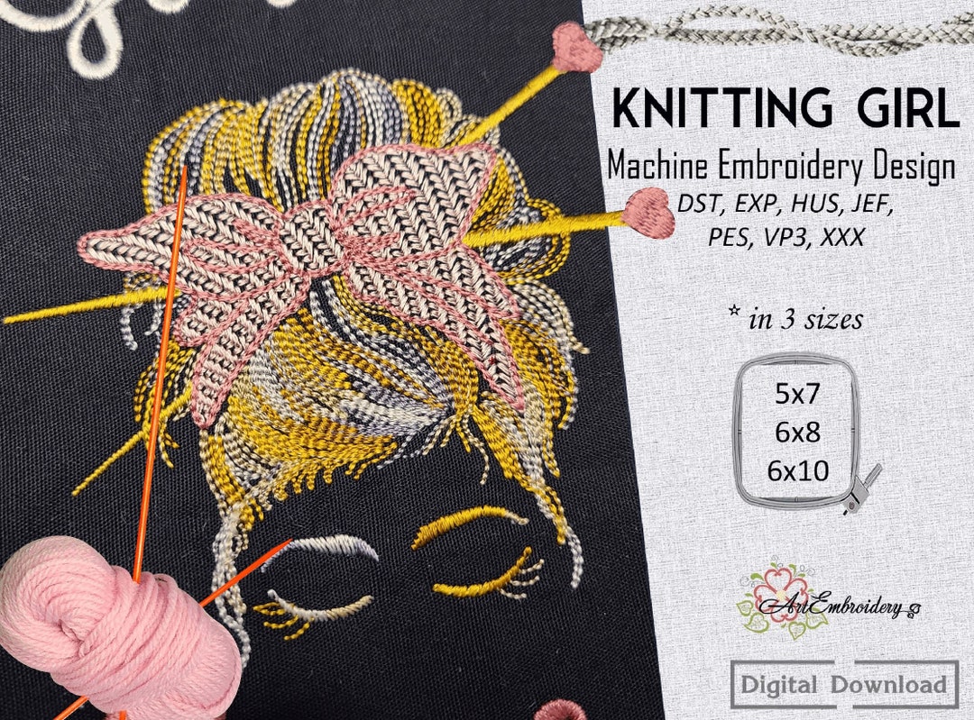 Knitting Girl Machine Embroidery Design: Hobby Art (5x7, 6x8, 6x10 ...